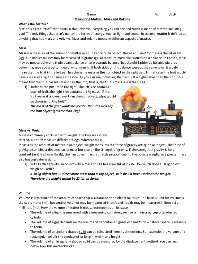 Fillable Online Matter Notes Matter is anything that has mass and takes ...