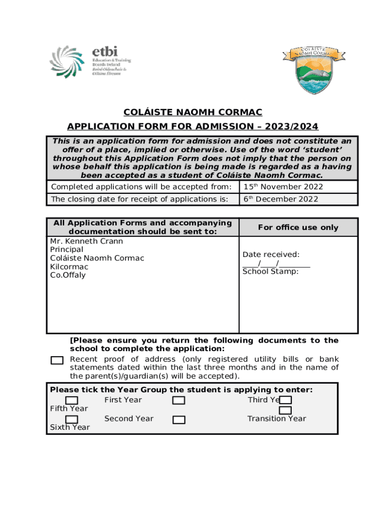coliste naomh cormac application for admission Doc Template | pdfFiller