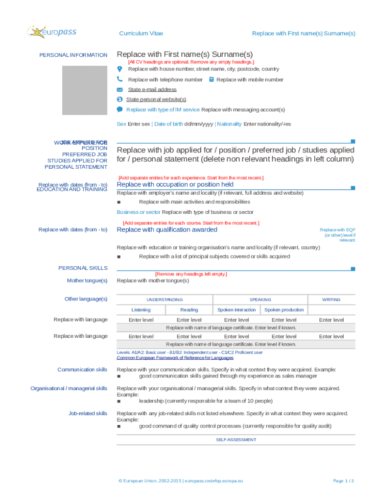 Europass CV template - Curriculum Vitae Replace with ... Doc Template ...