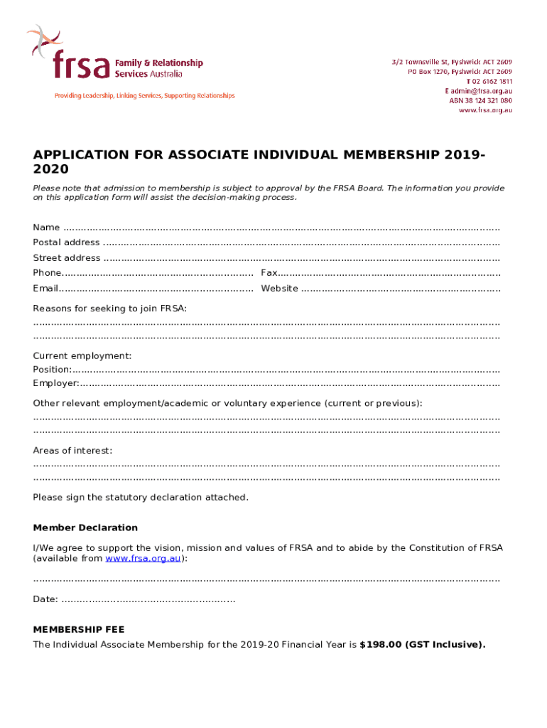 application for associate individual membership 2019-2020 - frsa org Doc Template | pdfFiller