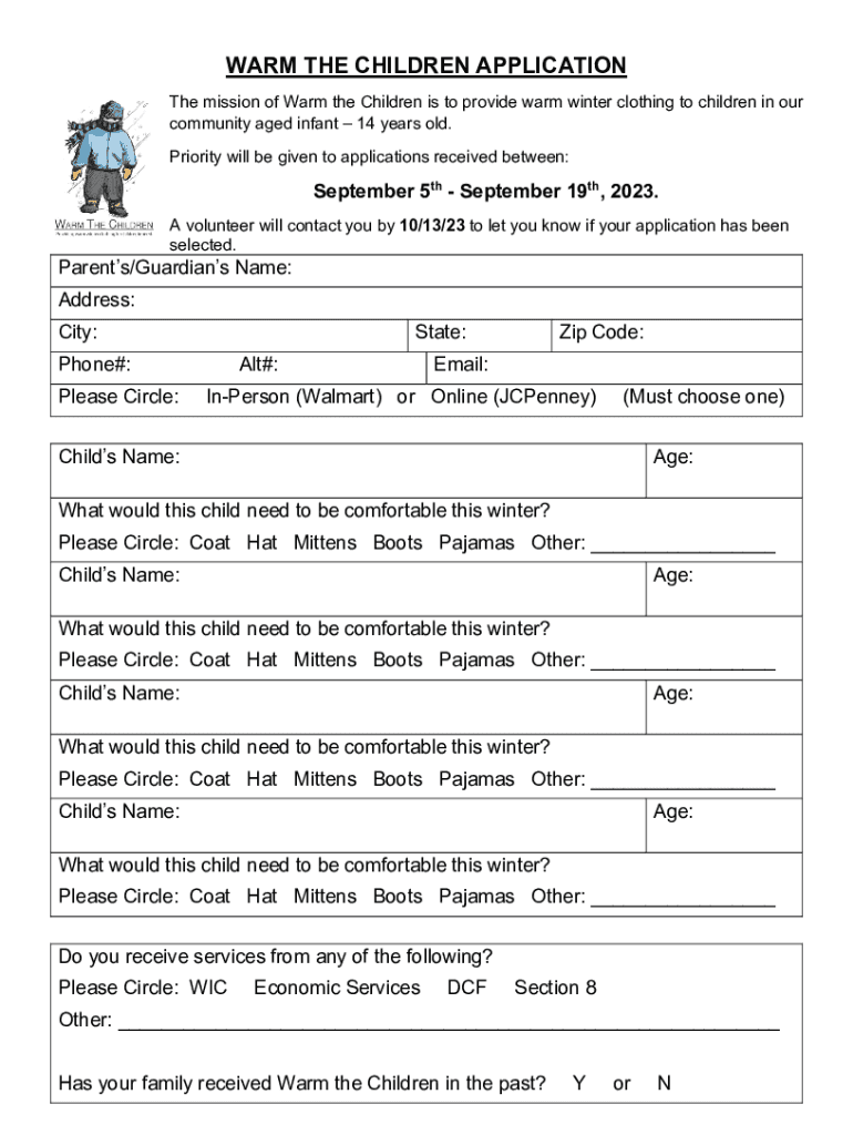 Fillable Online WARM THE CHILDREN APPLICATION Fax Email Print - pdfFiller