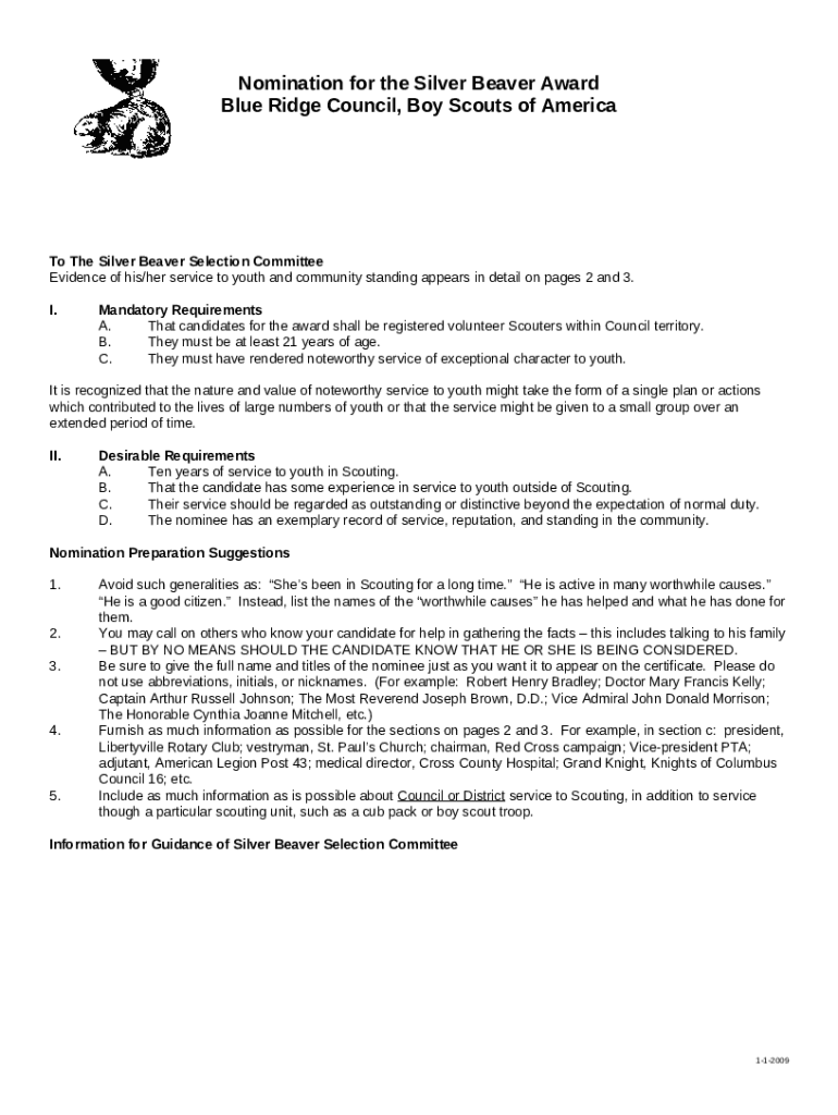 Online blueridgecouncil Silver Beaver Nomination ... Doc Template | pdfFiller