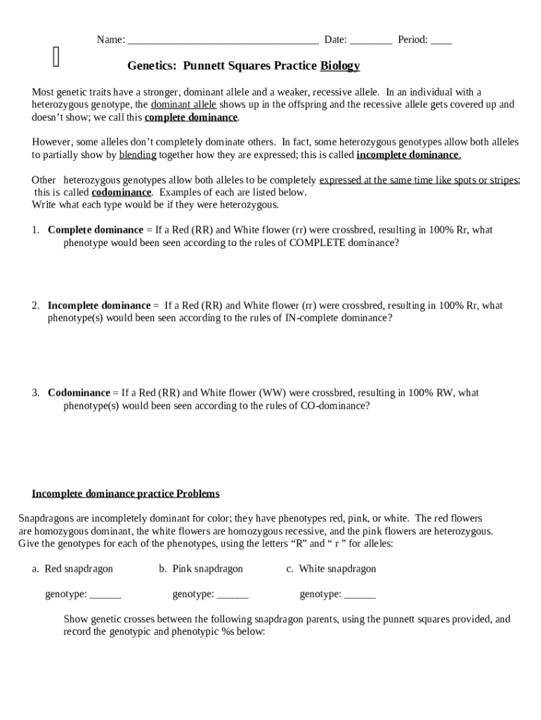 Punnett Squares Practice Worksheet Doc Template | pdfFiller
