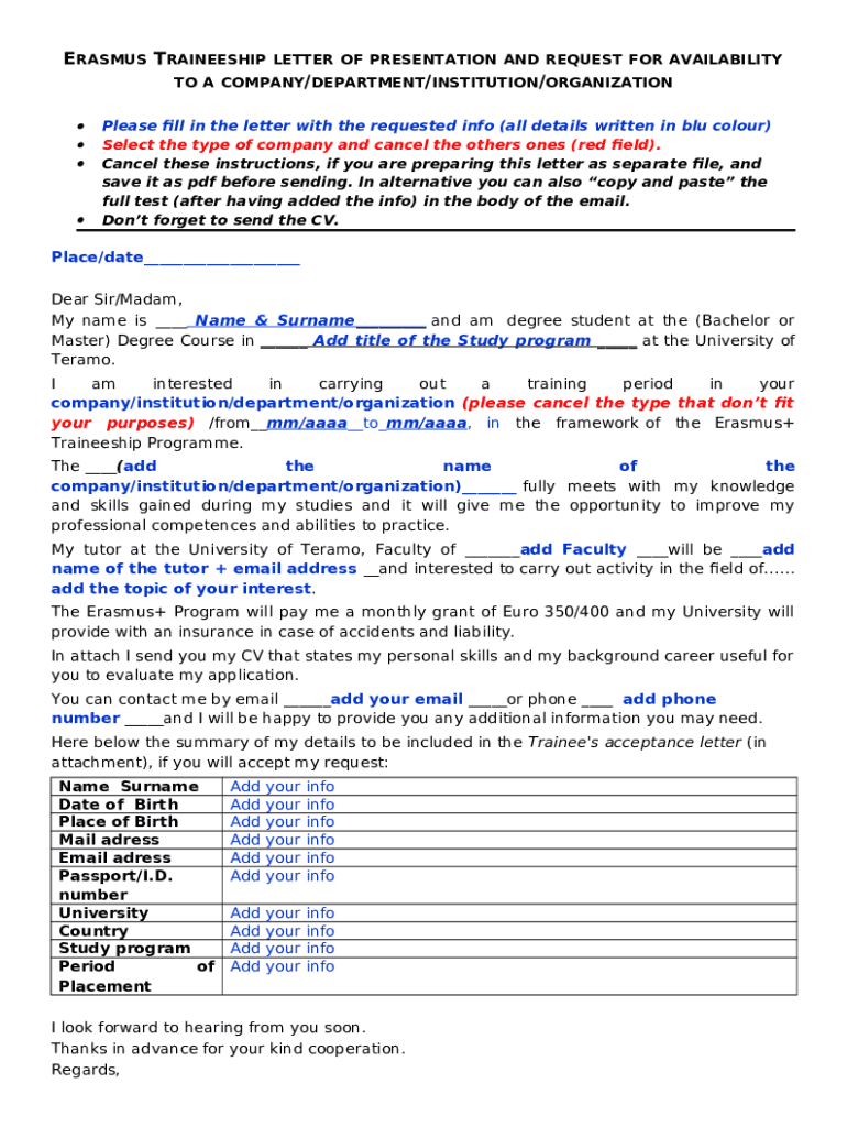 How to apply for an Erasmus Internship? Doc Template | pdfFiller