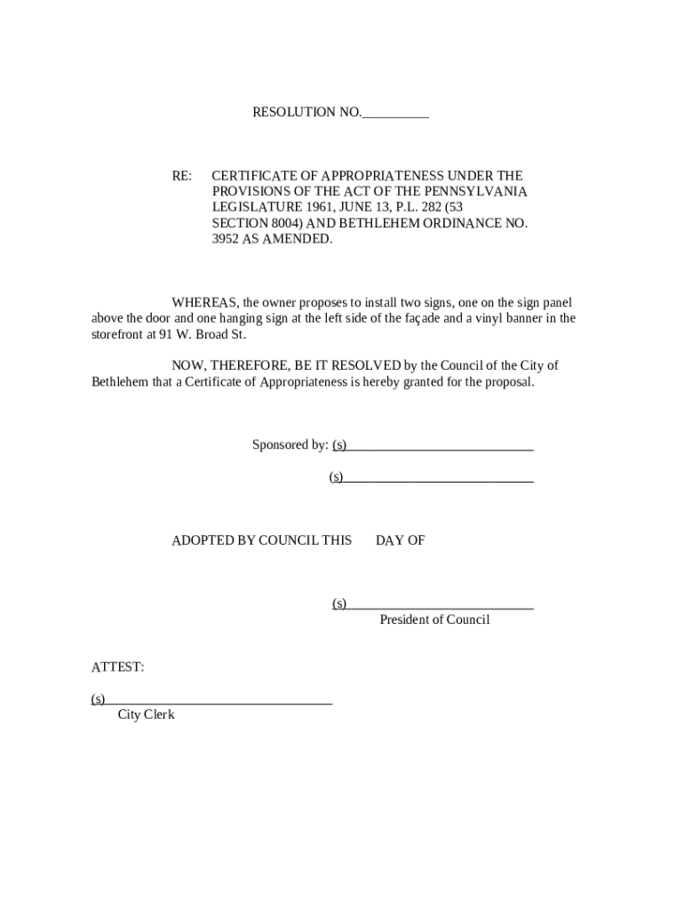 NOW, THEREFORE, BE IT RESOLVED by the Council of the City of Bethlehem ...