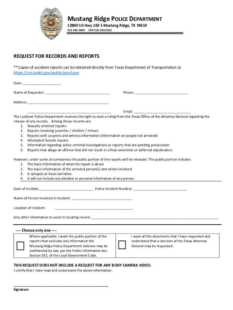 Fillable Online Mustang Ridge Police Department, TX Accident Reports ...