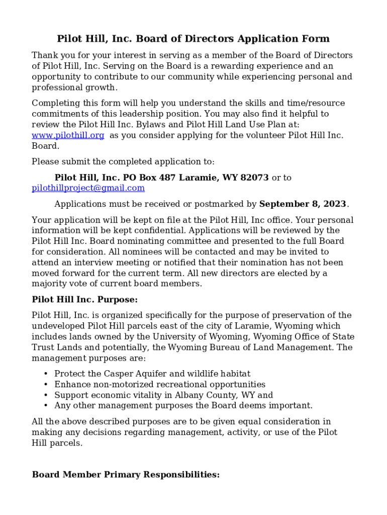 Online Pilot Hill, Inc. Board of Directors Application ... Doc Template ...
