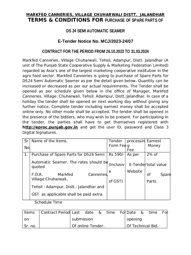 E-tender for purchase of CansMarkfedpunjab Doc Template | pdfFiller