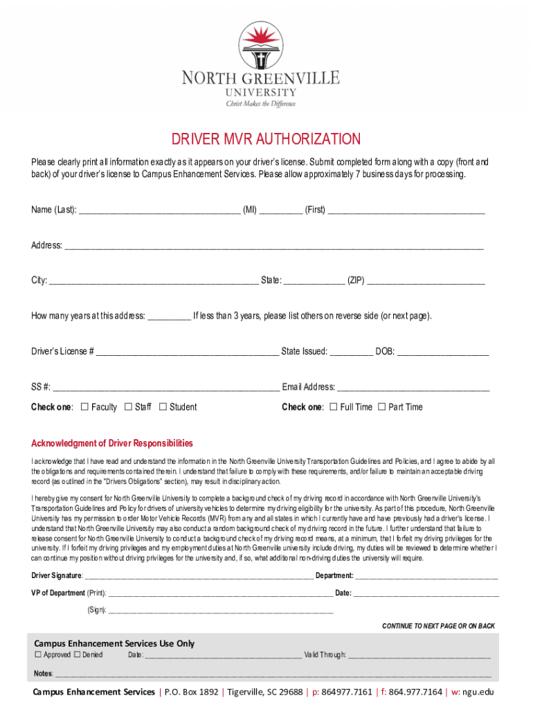 Fillable Online DRIVER MVR AUTHORIZATION Fax Email Print - pdfFiller