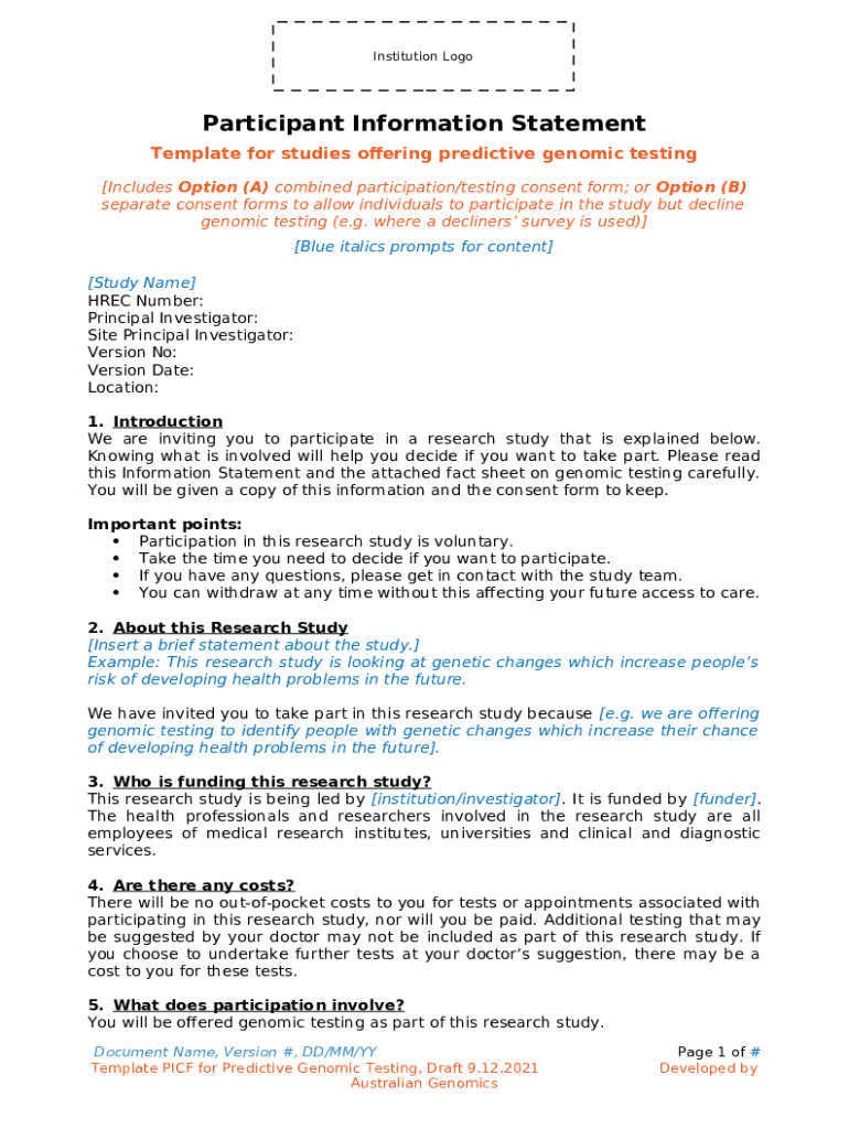 Template PICF for predictive genomic testing Doc Template | pdfFiller