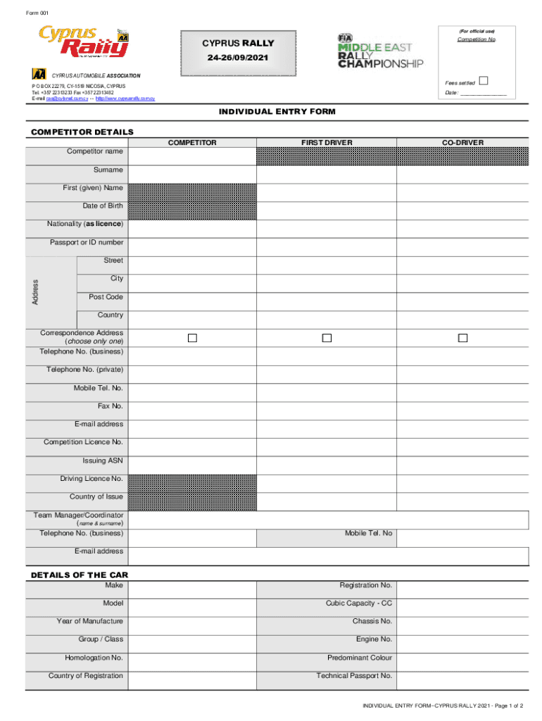 Fillable Online form 001 INDIVIDUAL ENTRY FORM ... Fax Email Print - pdfFiller