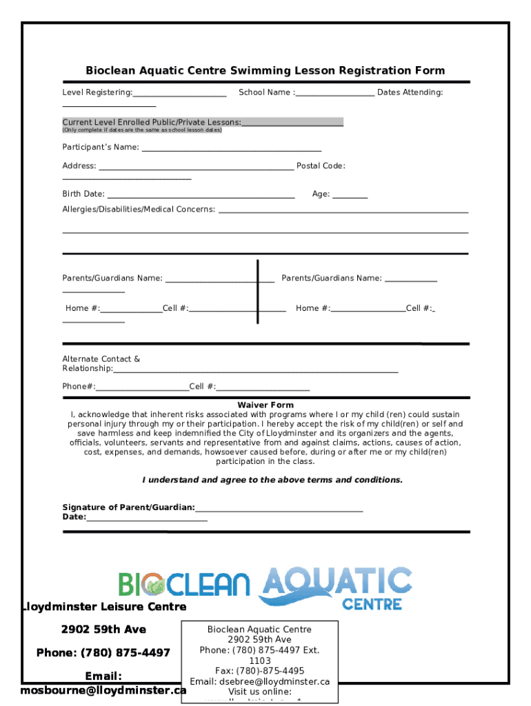 Swimming Lessons resume this... - Bioclean Aquatic Centre Doc Template | pdfFiller