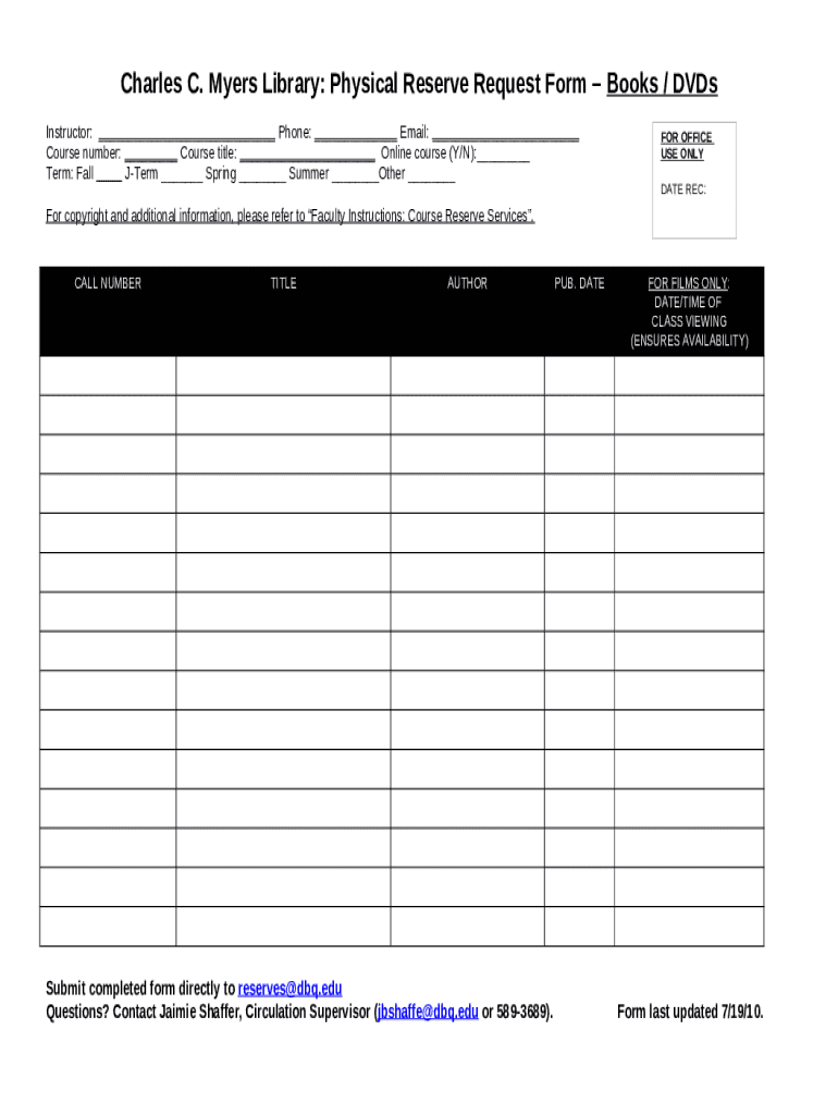Faculty Course Reserve Request - Sac State Library Doc Template | pdfFiller