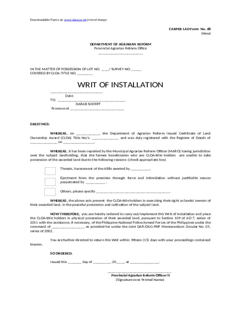 Fillable Online CARPER-LAD Form No. 68-A Republic of the Philippines ...
