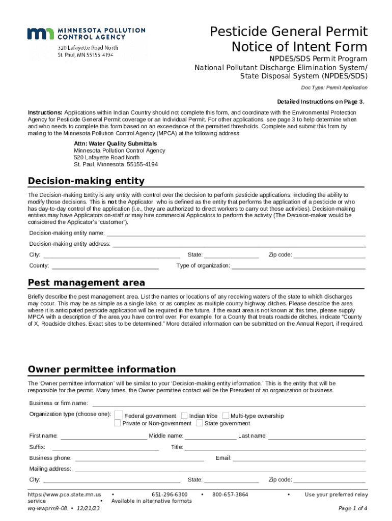 Pesticide General Permit Notice of Intent . Notice of Intent for coverage under NPDES/SDS permit ...