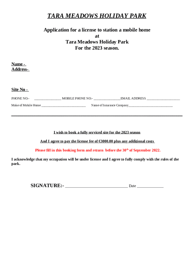 Tara meadows Booking Doc Template | pdfFiller