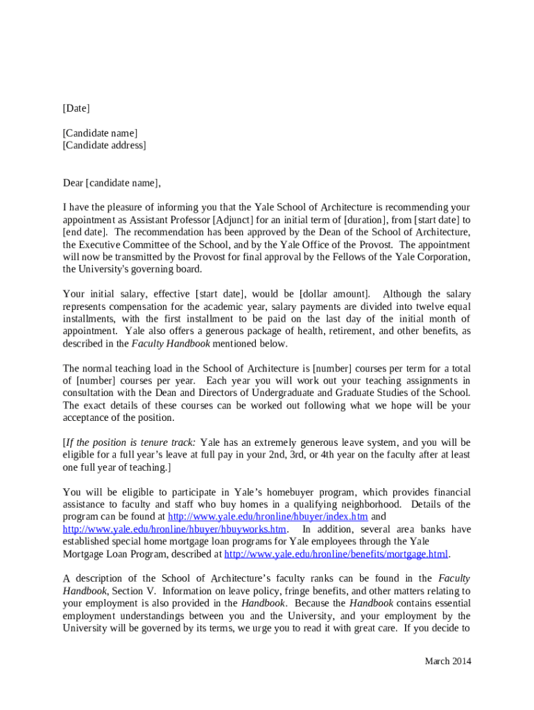 School of Architecture Offer Letter Template for Junior Faculty ...