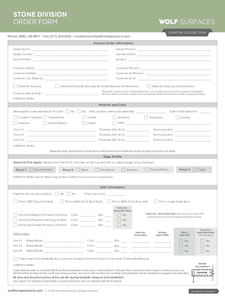 Fillable Online STONE DIVISION ORDER FORM Fax Email Print - pdfFiller