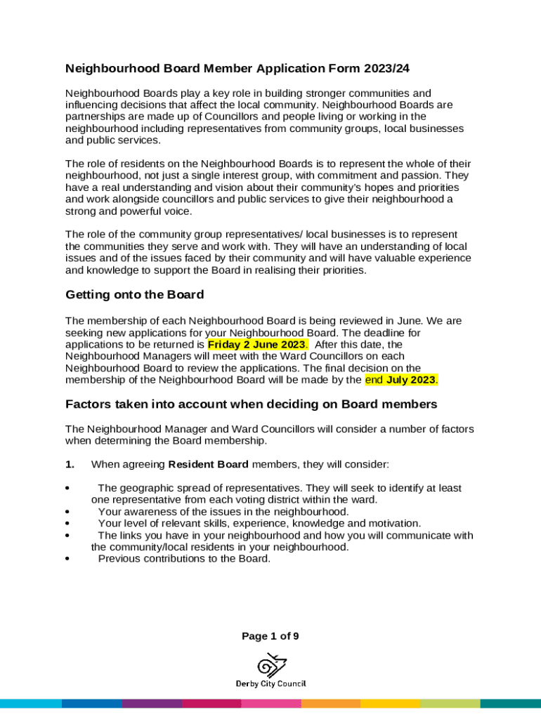 Neighbourhood Board Member Application 2023/24 Doc Template | pdfFiller