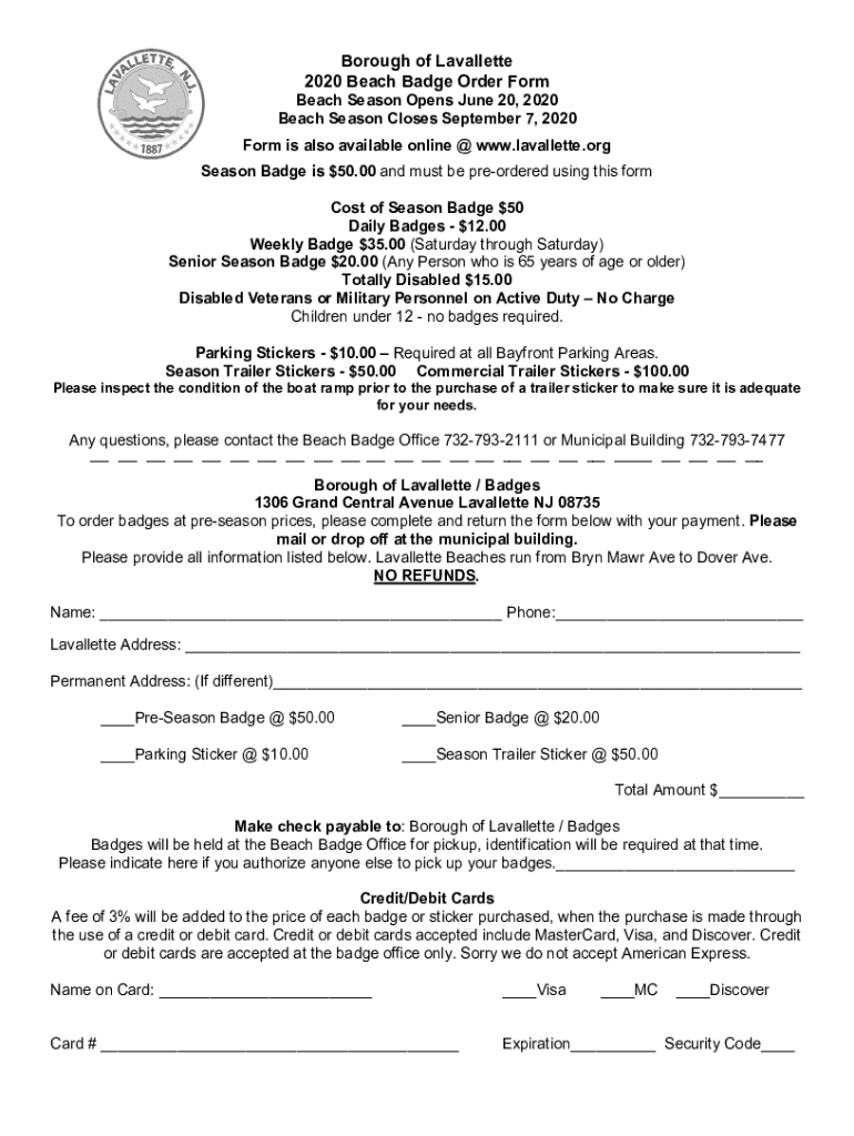 Fillable Online Borough of Lavallette 2020 Beach Badge Order Form Fax ...