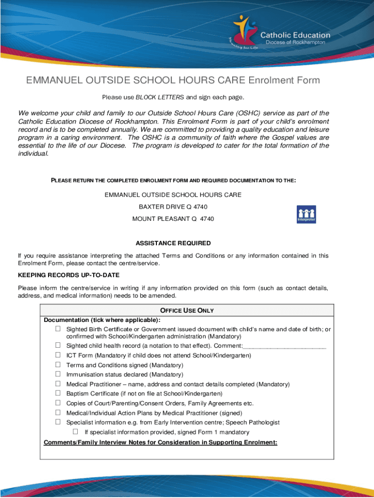 Fillable Online outside school hours care (oshc) - enrolment form 2023 ...
