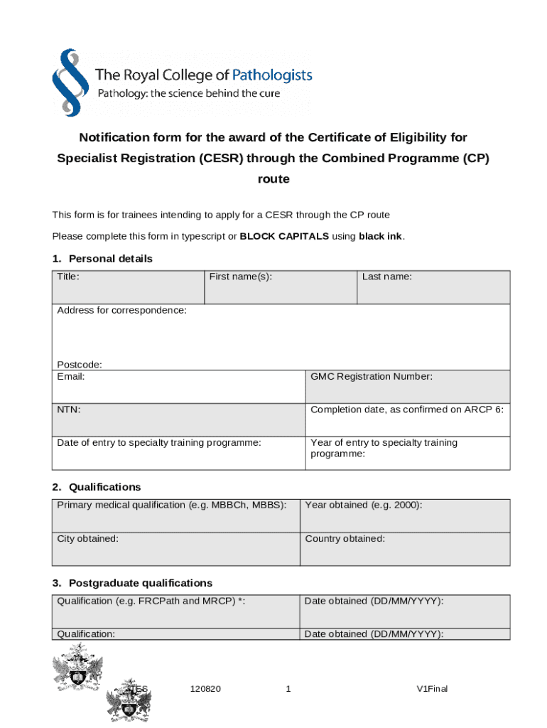 Certificate of Eligibility for Specialist Registration Doc Template | pdfFiller