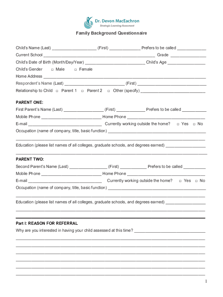 Fillable Online Pediatric History Questionnaire - Children's Health Fax ...