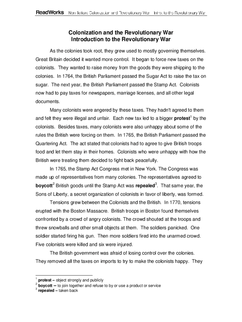 Fillable Online Colonization and the Revolutionary War Introduction to ...
