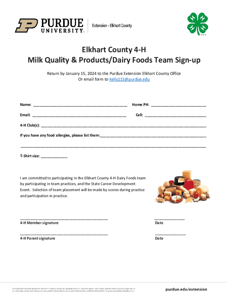 Fillable Online extension purdue Elkhart County 4-H Milk Quality ...