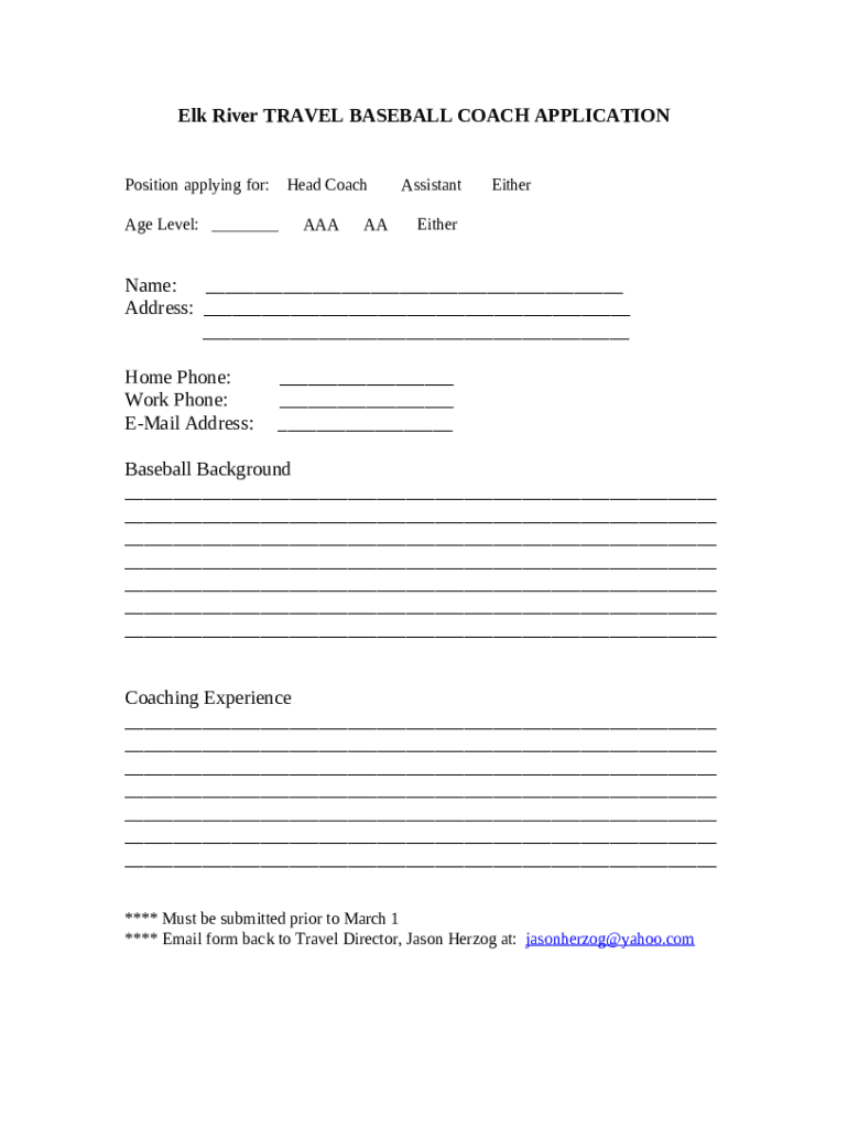 AREA 728/ROGERS TRAVEL BASEBALL COACH APPLICATION Doc Template | pdfFiller