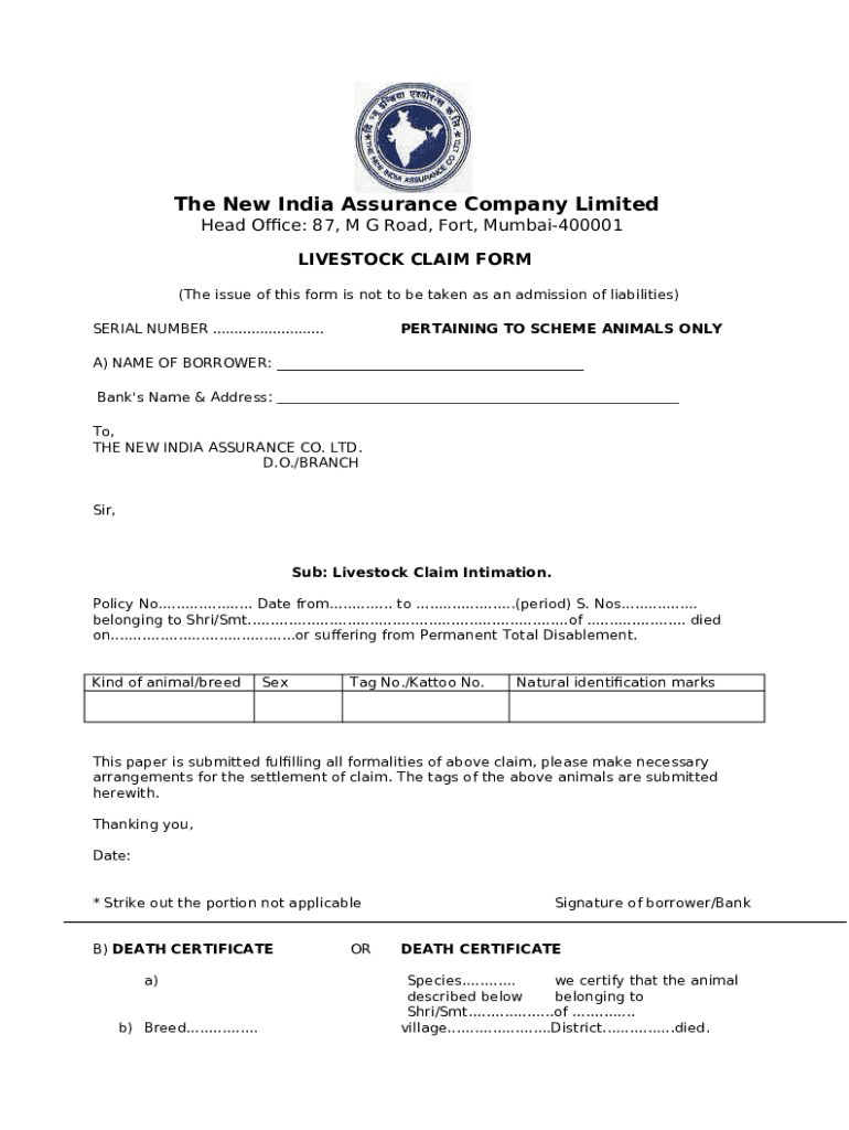 The New India Assurance Company Limited: Claim Doc Template | pdfFiller