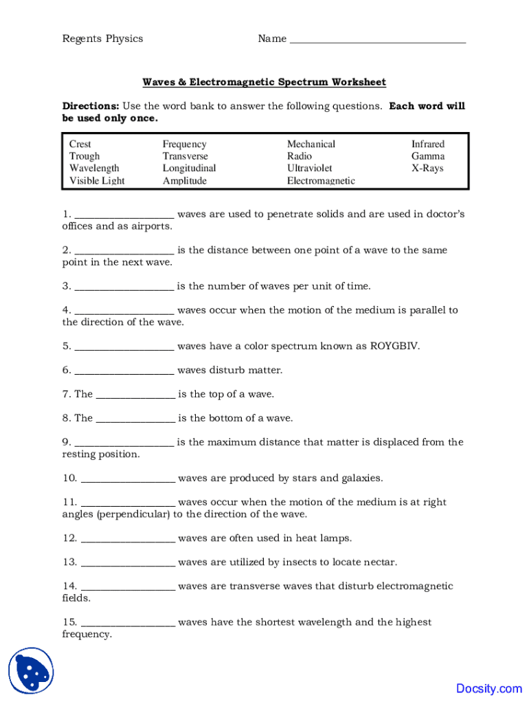 Fillable Online EMS Worksheet.doc - Regents Physics Name Waves Fax ...