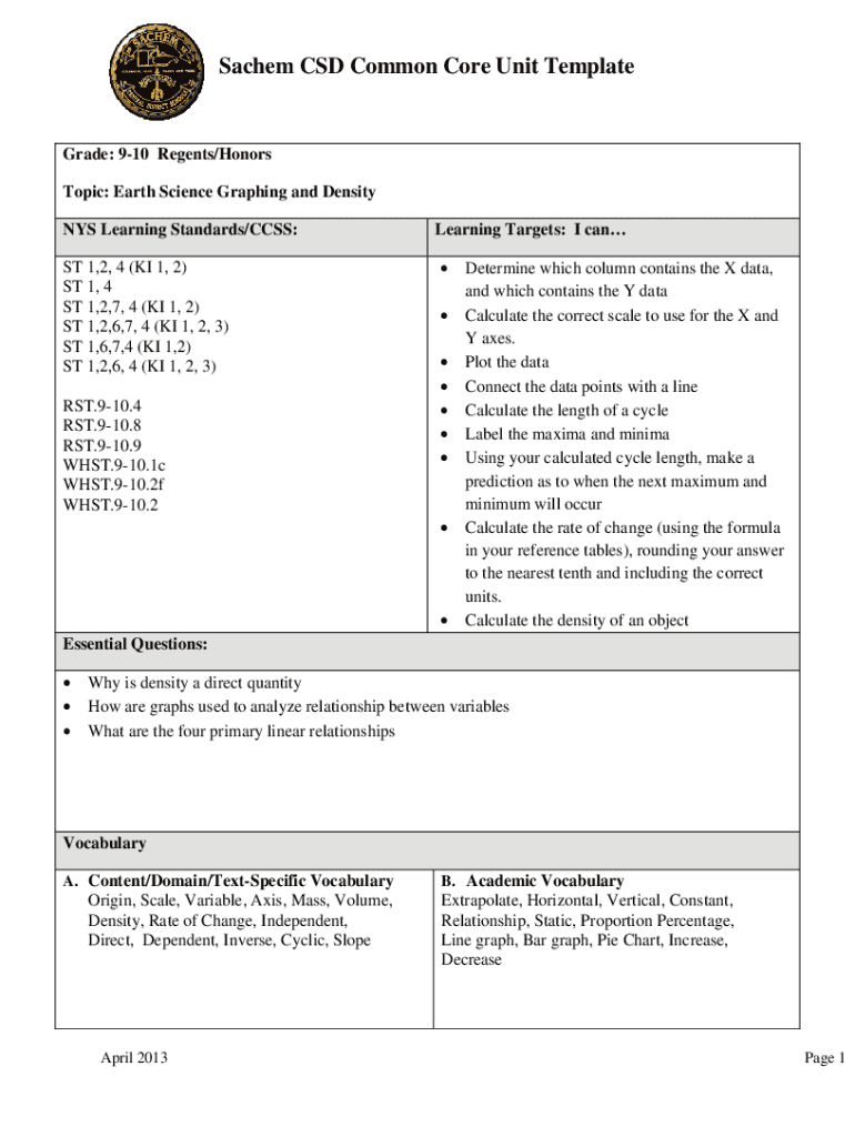 Fillable Online Sachem CSD Common Core Unit Template (ES Density and ...