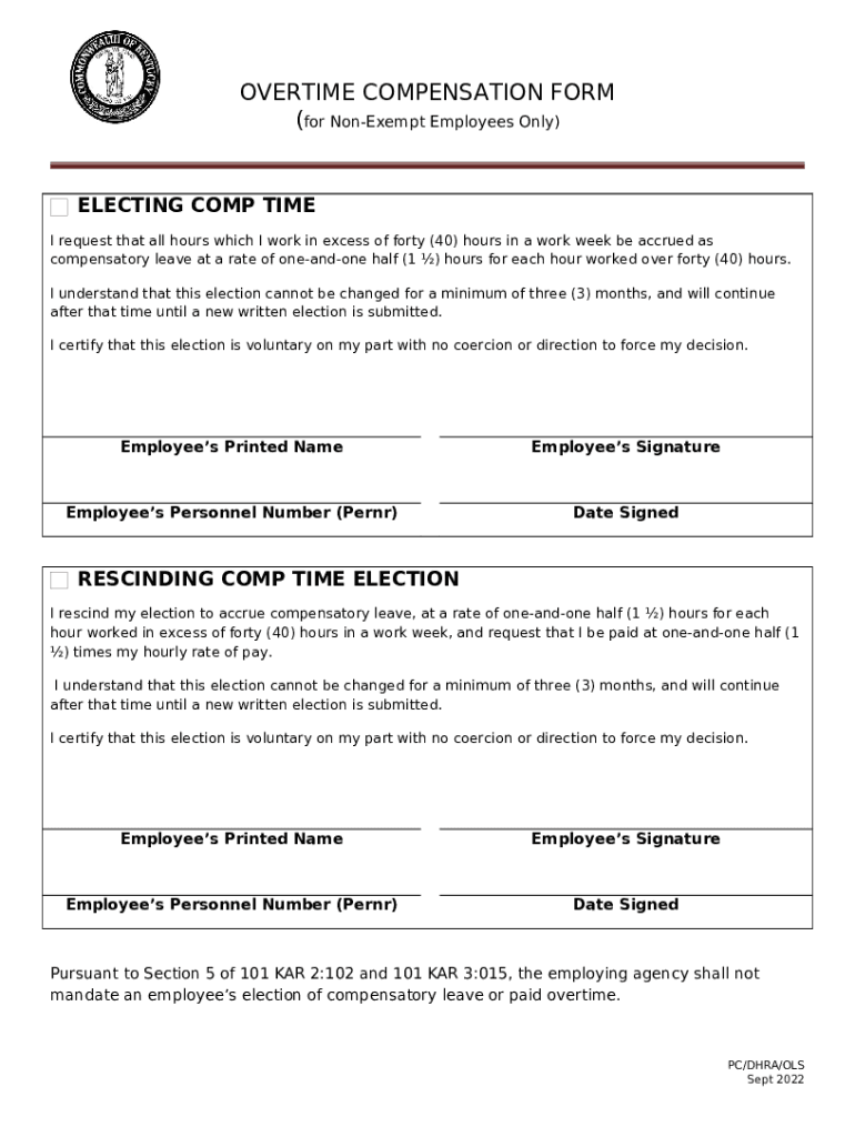 Overtime Compensation Election Doc Template | pdfFiller