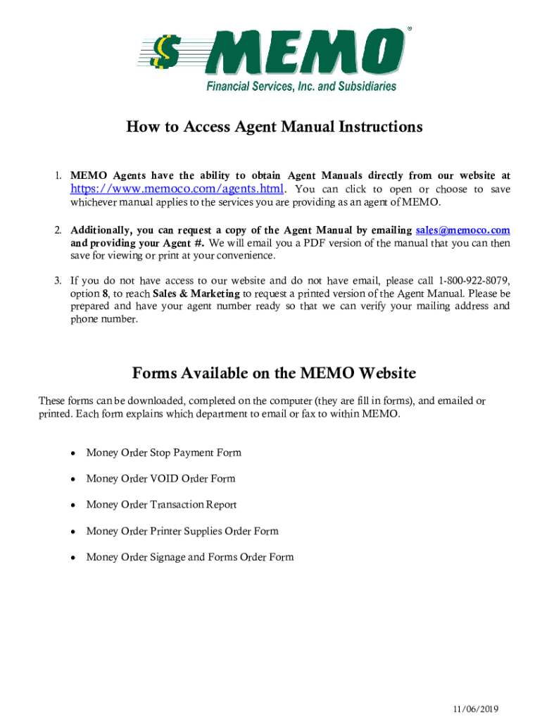 Fillable Online Agents Only - MEMO Financial Services, Inc. and ...