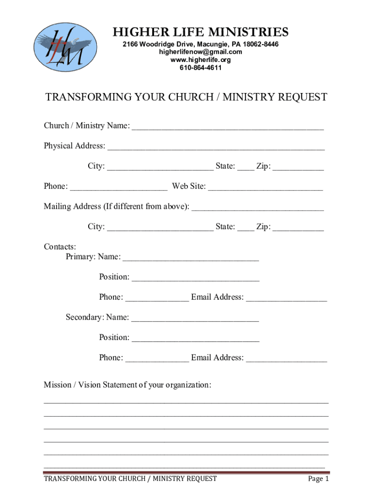 Fillable Online transforming your church / ministry request Fax Email ...