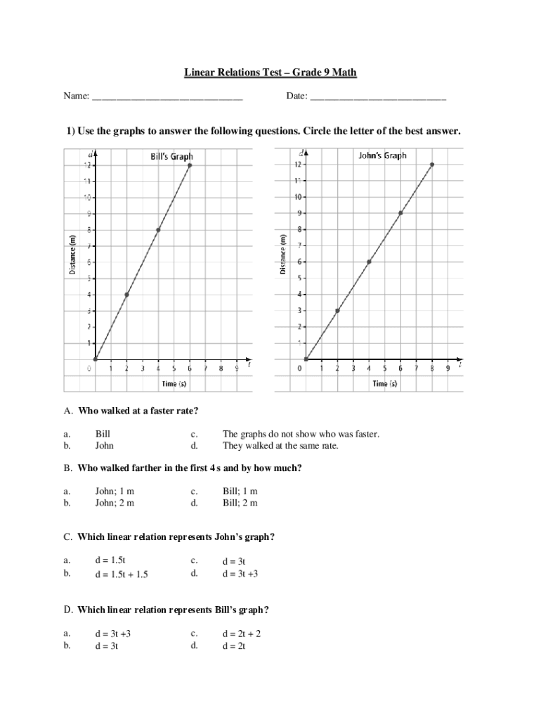 Fillable Online Linear Relations TestGrade 9 Math 1) Use the graphs to ...
