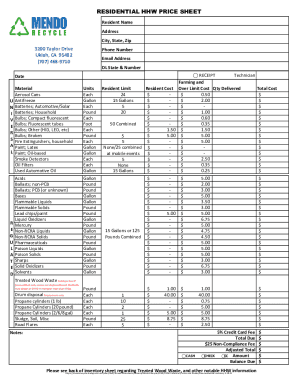 Fillable Online Household Hazardous Waste Price Sheet and Limits for ...