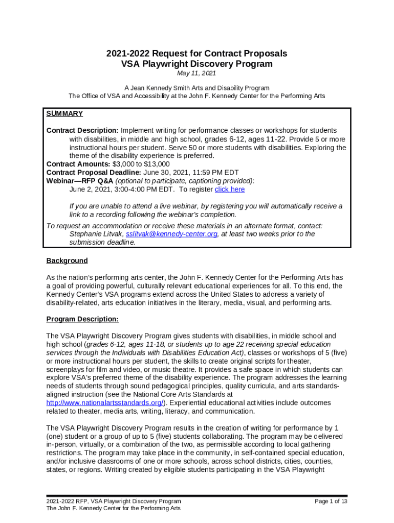 2021 2022 Request For Contract Proposals Vsa Playwright Doc Template Pdffiller