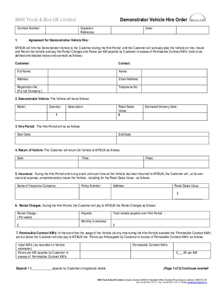 Fillable Online MAN Truck & Bus UK Limited Demonstrator Vehicle Hire ...