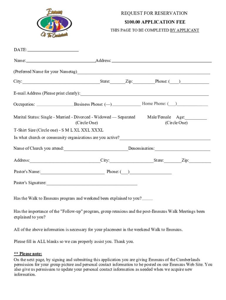 Fillable Online REQUEST FOR RESERVATION $100.00 APPLICATION FEE Fax Email Print - pdfFiller