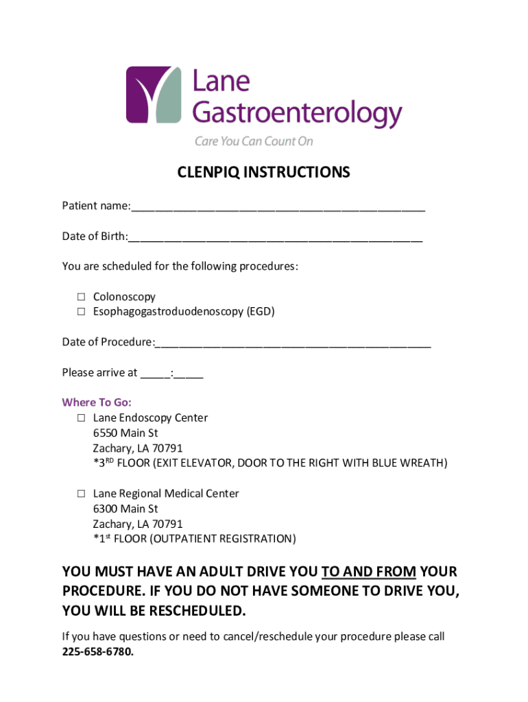 Fillable Online Colonoscopy Split Prep with CLENPIQ Instruction Sheet ...