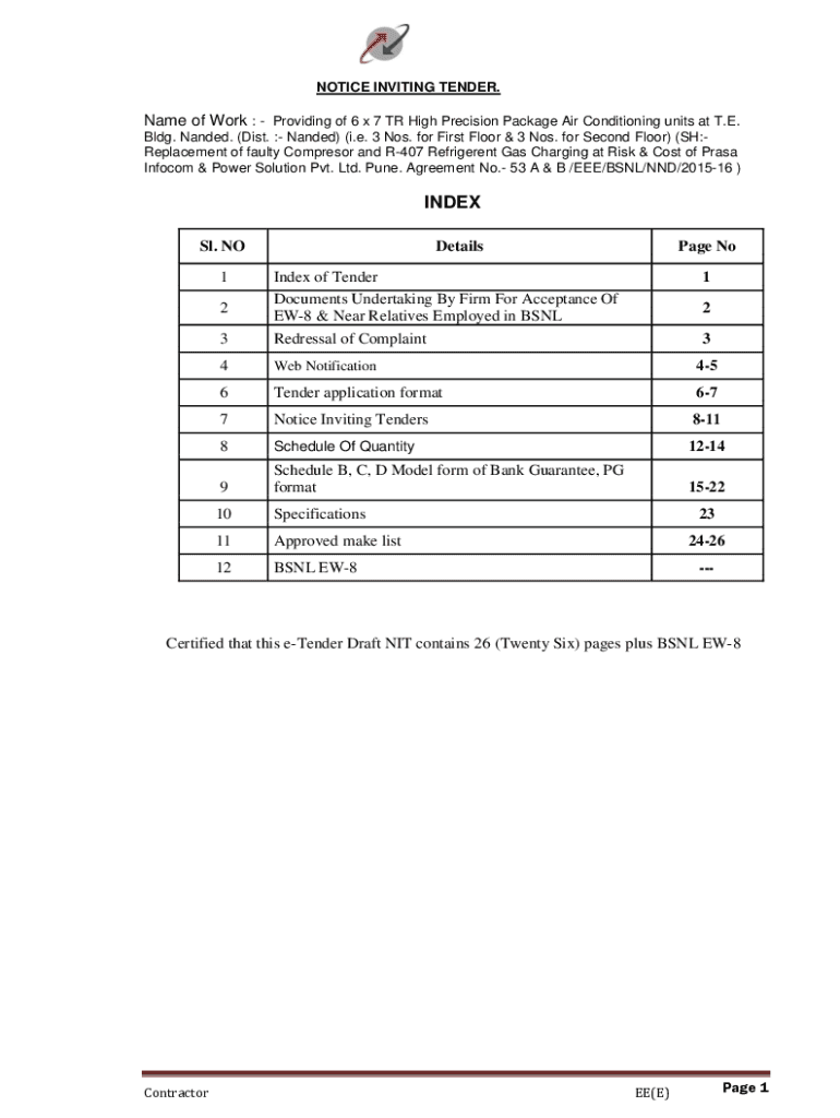 Fillable Online Sl. NO Details Page No 1 Index of Tender 1 2 Documents ... Fax Email Print ...