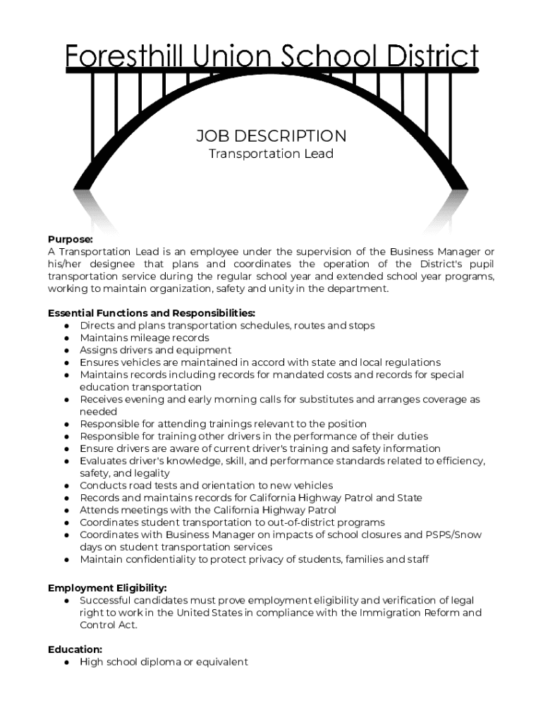 Fillable Online Transportation Manager job description template Fax ...