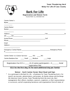 Fillable Online Bark for Life Registration and Waiver Form 2 Fax Email ...