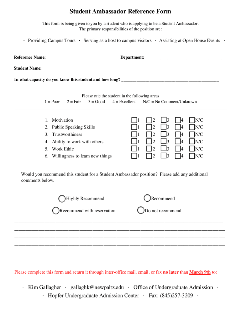 Fillable Online Admissions Student Ambassador Reference Form.pdf Fax Email Print - pdfFiller