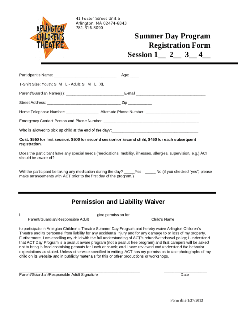 Summer Camp T-Shirt Registration Doc Template | pdfFiller