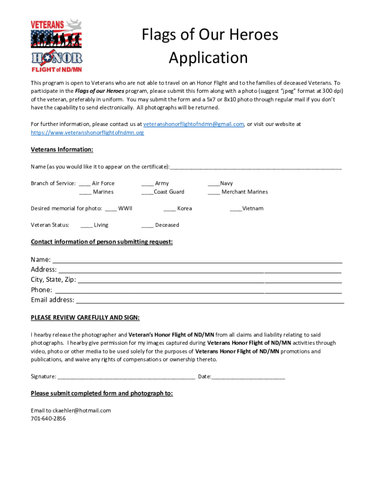 Fillable Online Flags of Our Heroes ApplicationVeterans Honor Flight ...