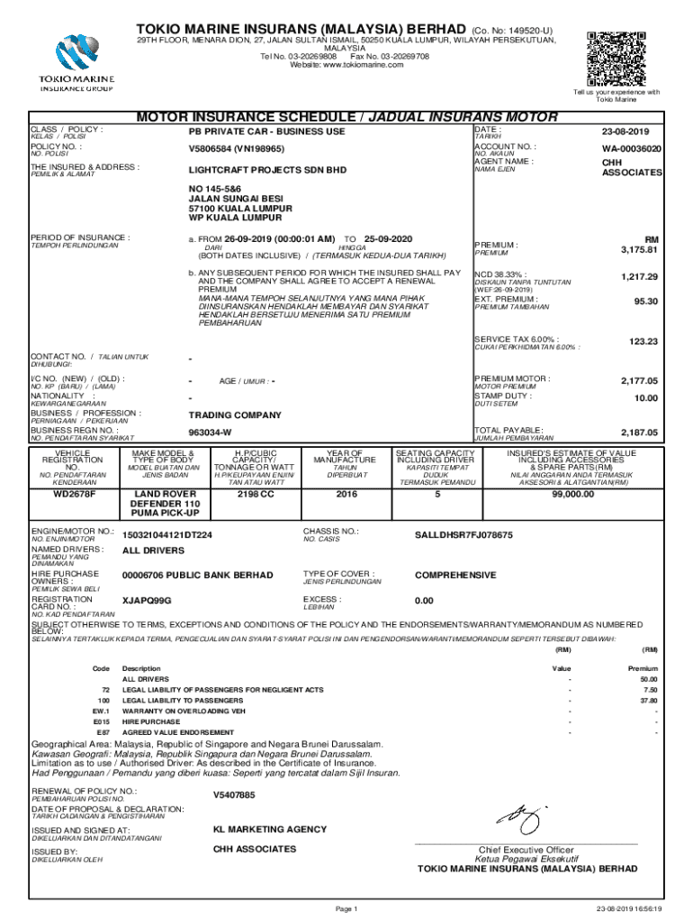Fillable Online Contact us Tokio Marine Insurans (Malaysia) Berhad Fax ...