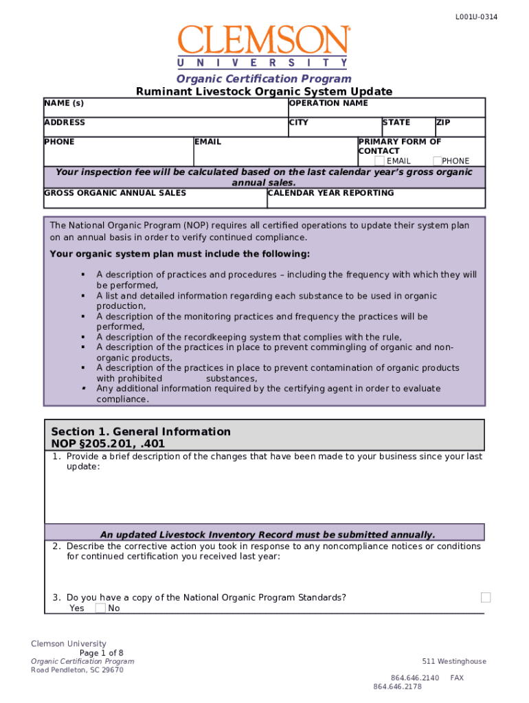 Livestock Organic System Plan Update Doc Template | pdfFiller